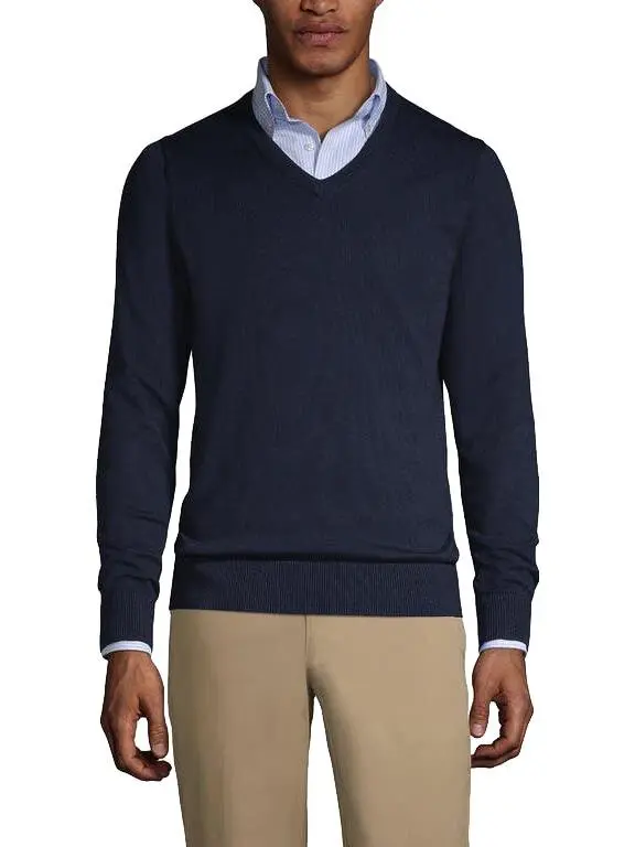 LANDS' END Cotton Modal Fine Gauge V-neck Sweater - Classic Navy