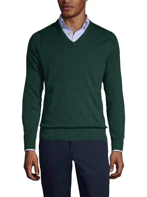 LANDS' END Cotton Modal Fine Gauge V-neck Sweater - Evergreen