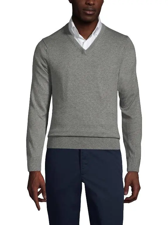 LANDS' END Cotton Modal Fine Gauge V-neck Sweater - Pewter Heather