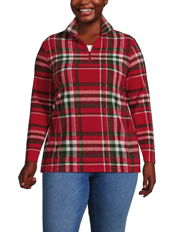 LANDS' END Anyweather Fleece Quarter Zip Pullover - Compass Red Holiday Plaid