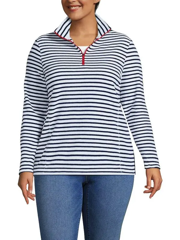 LANDS' END Quarter-zip Pullover - Crisp White/navy Stripe/red