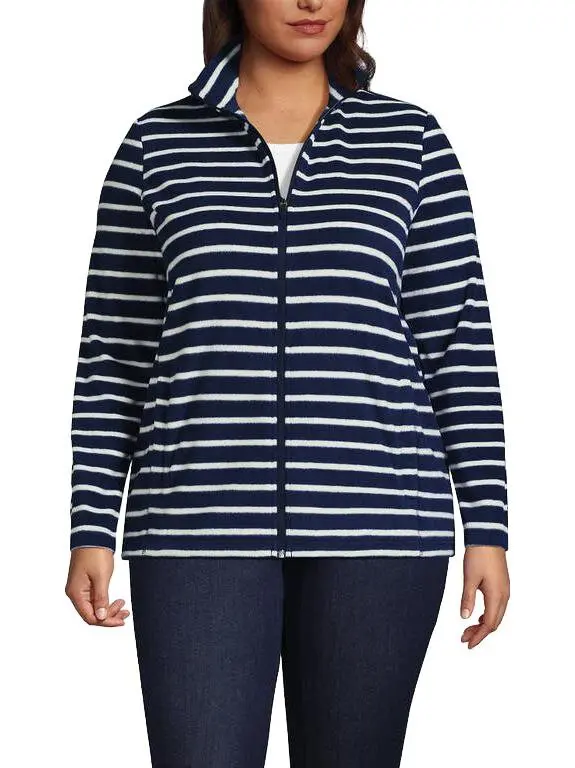 LANDS' END Full Zip Fleece Jacket - Deep Sea Navy/ivory Stripe