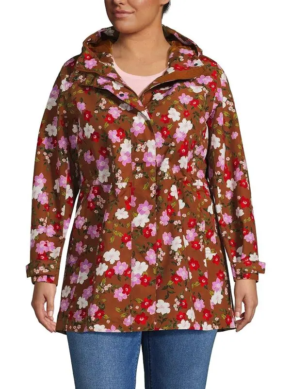 LANDS' END Squall Hooded Waterproof Raincoat - Rich Ginger Brown Wild Roses