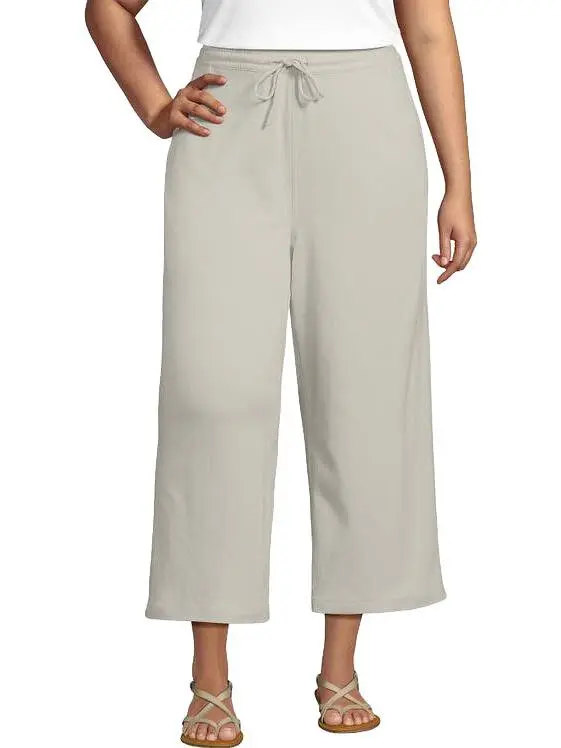 LANDS' END Sport Knit Drawstring Wide Leg Crop Pants - Light Stone