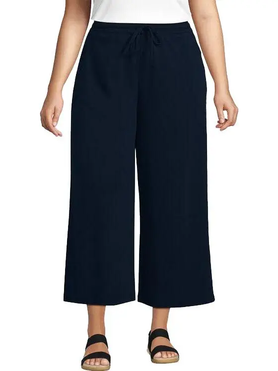 LANDS' END Sport Knit Elastic Waist Wide Leg Crop Pants - Radiant Navy