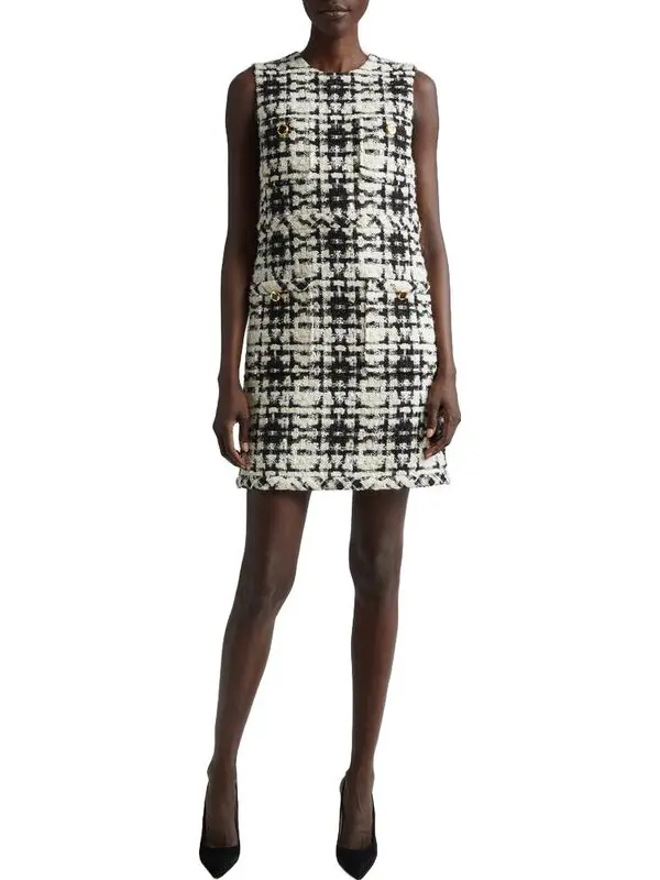St. John Plaid Sequin Tweed Shift Dress - Black/ecru Multi