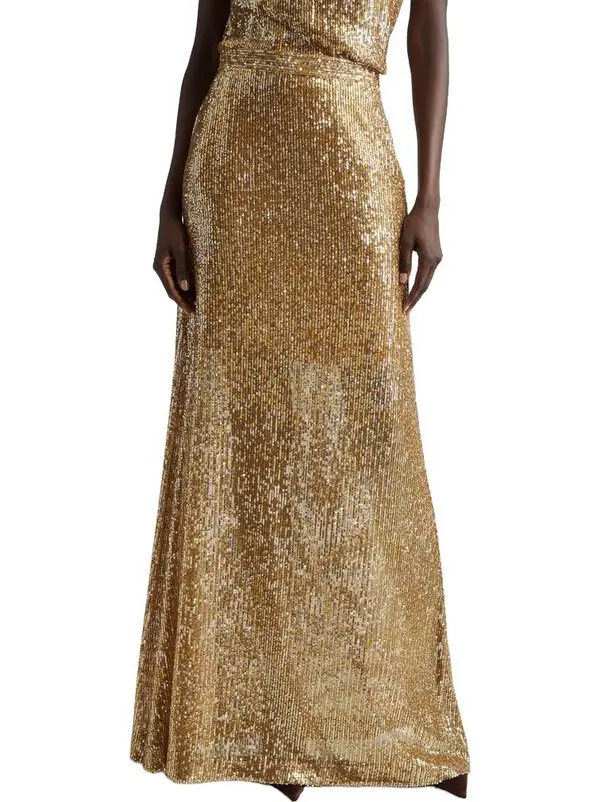 St. John Sequin Embroidered Knit Skirt - Gold