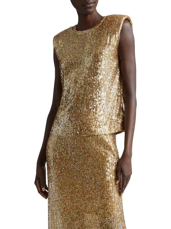 St. John Sequin Embroidered Knit Top - Gold