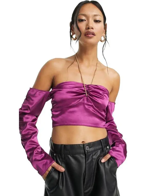Asos Chain Detail Satin Halter Crop Top - Purple