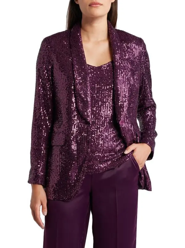 Anne Klein Shawl Collar Sequin Blazer - Deep Plum