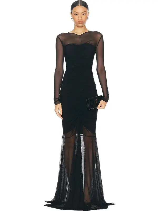Norma Kamali Longsleeve V Neck Shirred Front Fishtail Gown - Black