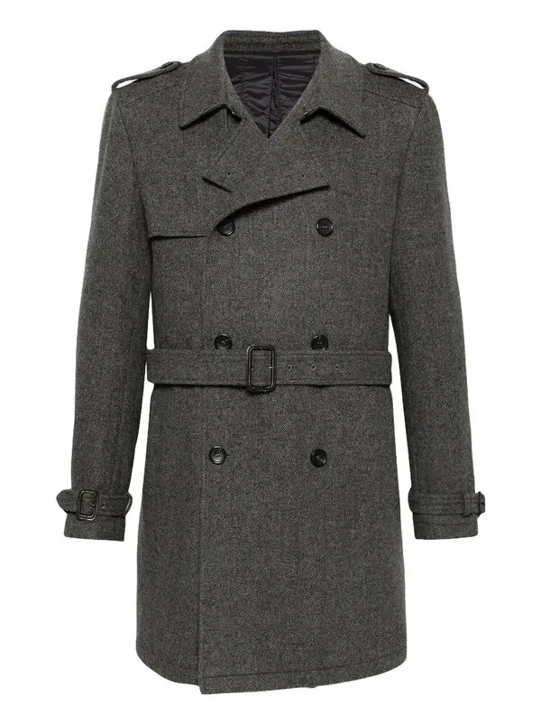 REVERES 1949 Virgin Wool Blend Herringbone Coat - Grey