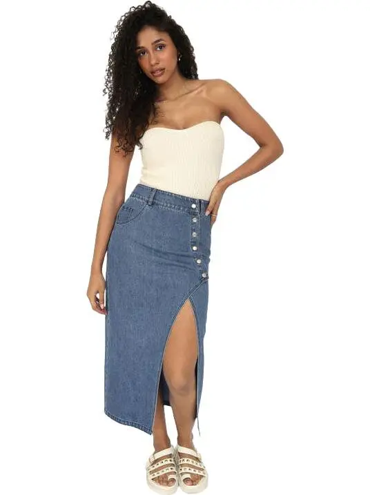 BELLE & BLOOM Denim Midi Skirt - Mid Wash