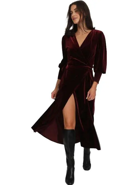 BELLE & BLOOM Current Mood Velvet Wrap Dress - Burgundy