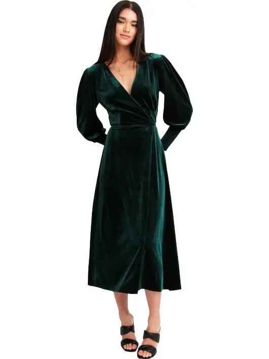 BELLE & BLOOM Current Mood Velvet Wrap Dress - Dark Green