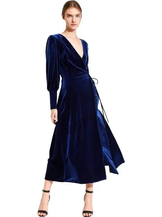 BELLE & BLOOM Current Mood Velvet Wrap Dress - Royal Blue