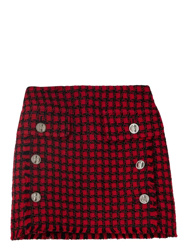 Versace Button-embellished Frayed Checked Tweed Mini Skirt - Red