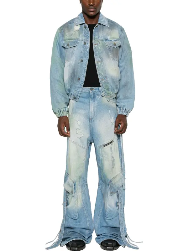 EGONLAB Distressed Denim Bomber Jacket - Blue