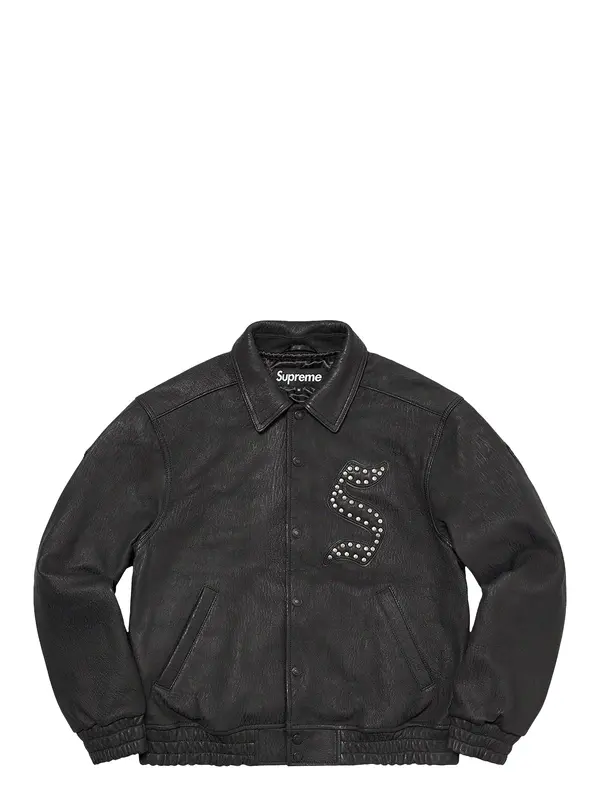 Supreme Pebbled Leather Varsity Jacket - Black
