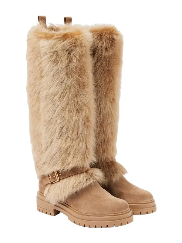 GIANVITO ROSSI Shearling-trimmed Suede Knee-high Boots - Beige