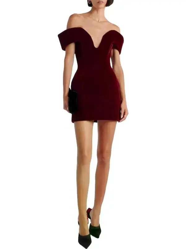 David Koma Off-shoulder Velvet Mini Dress - Burgundy