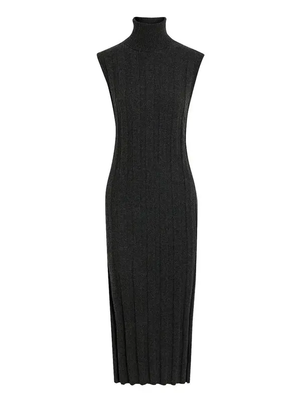 Autumn Cashmere Ribbed Cashmere Turtleneck Midi Dress - Dark Gray