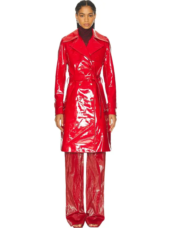 PRISCAVERA Patent Leather Trench Coat - Scarlet