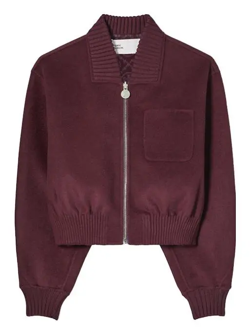 Tory Burch Reversible Wool Bomber Jacket - Burgundy T-monogram Jqd