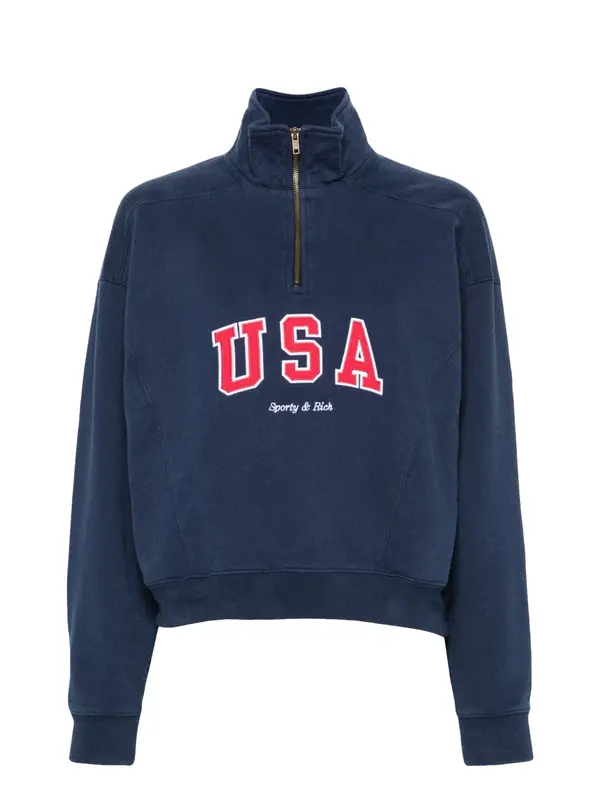 SPORTY & RICH Embroidered Half-zip Sweatshirt - Blue
