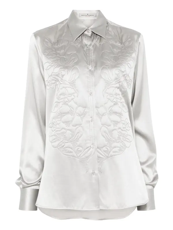 Ermanno Scervino Floral-embroidered Silk Shirt - Grey