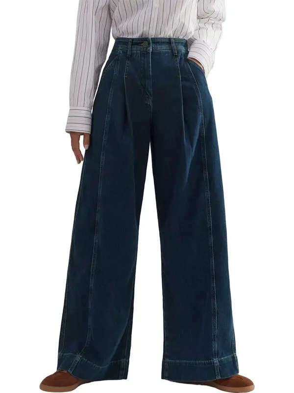 ME+EM Soft Denim Pleated Pant - Mid Wash
