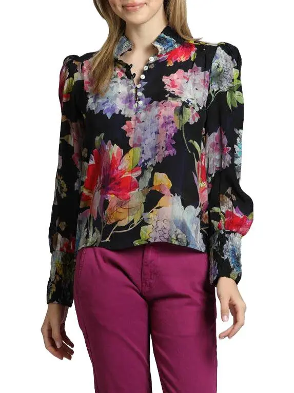 APNY Puff Sleeve Button Front Top - Black Floral Multi