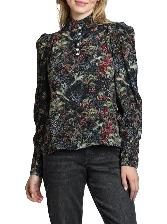 APNY Puff Sleeve Button Front Top - Black/green Multi