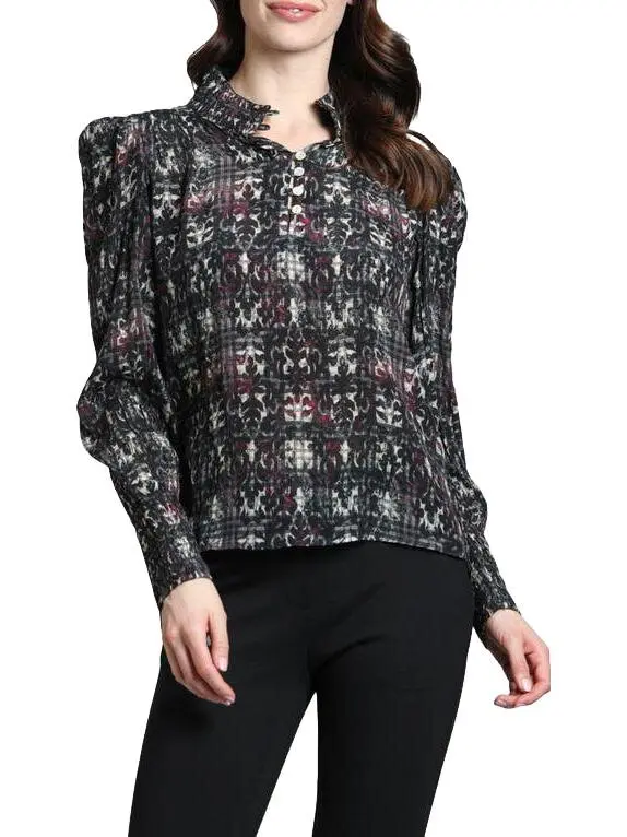 APNY Puff Sleeve Button Front Top - Black/white Multi