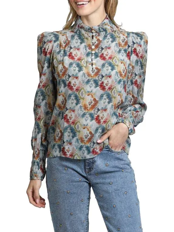 APNY Puff Sleeve Button Front Top - Grey Multi