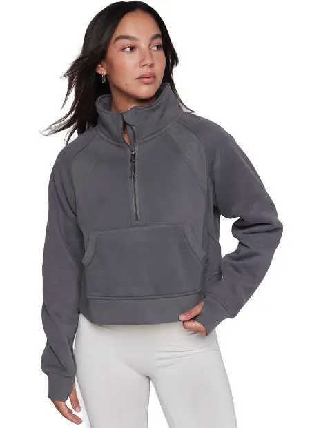 REBODY Fleece Crop Half Zip Sweatshirt - Smoke