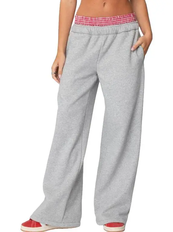 EDIKTED Gingham Waist Wide Leg Sweatpants - Gray