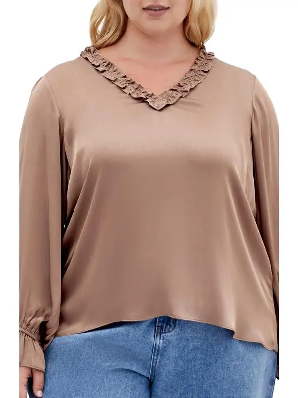 City Chic Maia Ruffle Fluted Sleeve Satin Top - Almond