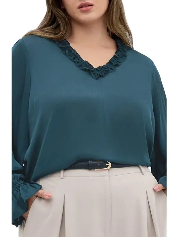 City Chic Maia Ruffle Fluted Sleeve Satin Top - Teal