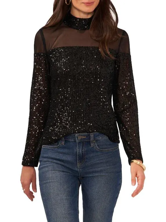Vince Camuto Sequin Mock Neck Top - Rich Black