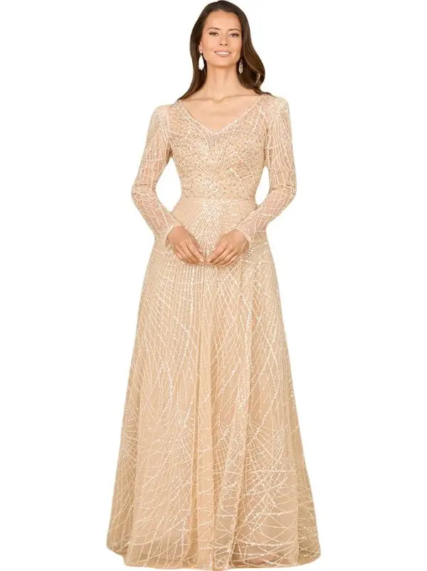 LARA NEW YORK Long Sleeve V-neck Ballgown - Champagne