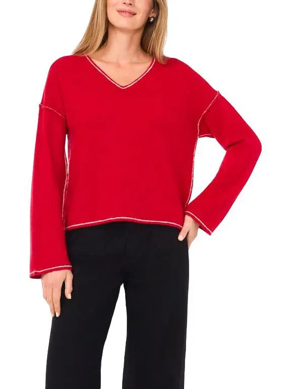 Vince Camuto Contrast Detail V-neck Sweater - Glamour Red