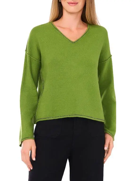 Vince Camuto Contrast Detail V-neck Sweater - Salted Lime Cozy