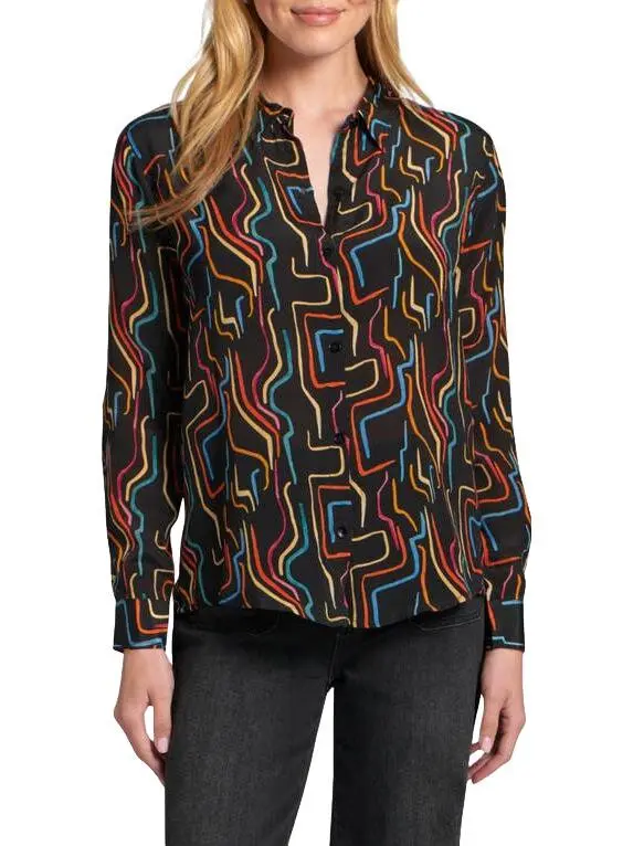 APNY Abstract Print Roll Tab Sleeve Chiffon Button-up Shirt - Black Multi Lines
