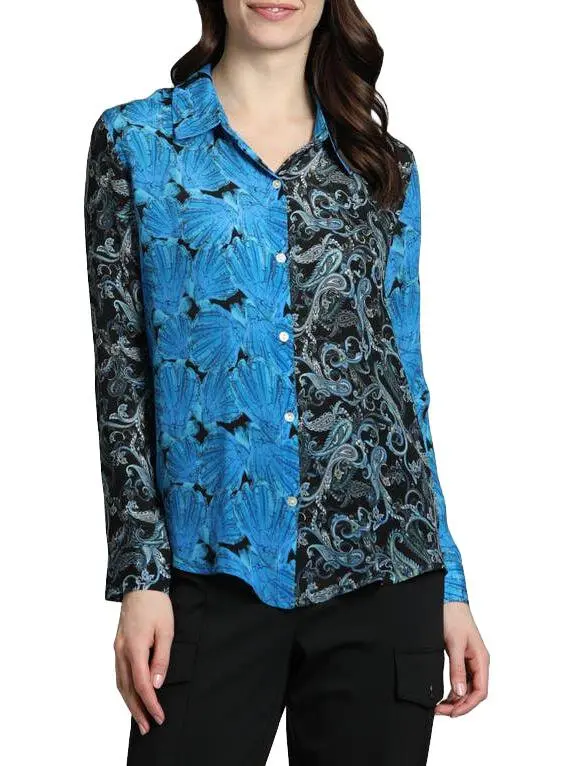 APNY Abstract Print Roll Tab Sleeve Chiffon Button-up Shirt - Black/blue Multi