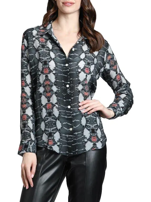 APNY Abstract Print Roll Tab Sleeve Chiffon Button-up Shirt - Black/grey Multi