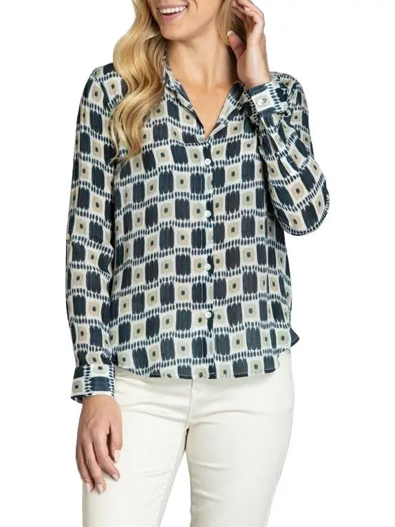 APNY Abstract Print Roll Tab Sleeve Chiffon Button-up Shirt - Black/natural Multi