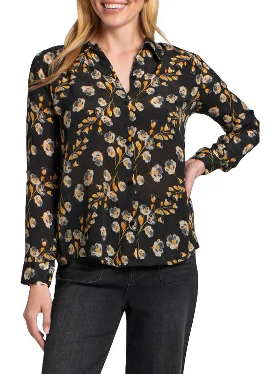 APNY Abstract Print Roll Tab Sleeve Chiffon Button-up Shirt - Black/yellow Gold Multi