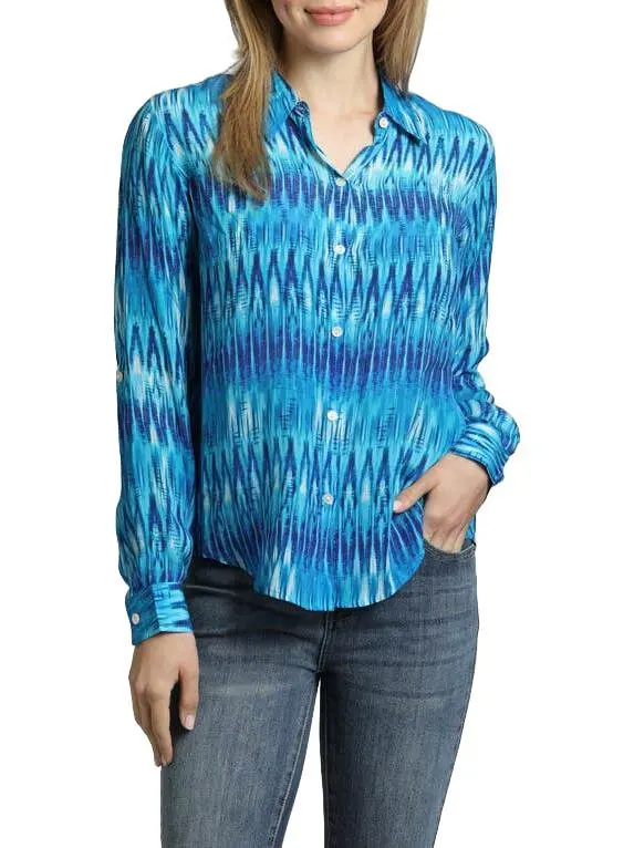 APNY Abstract Print Roll Tab Sleeve Chiffon Button-up Shirt - Blue Multi
