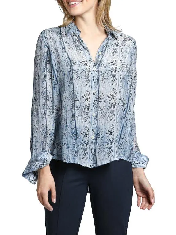 APNY Abstract Print Roll Tab Sleeve Chiffon Button-up Shirt - Blue Multi